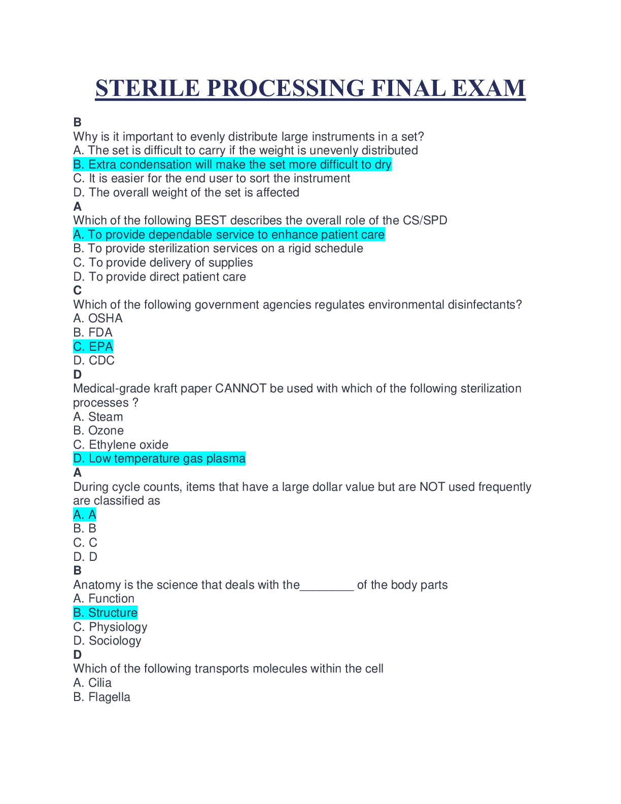 STERILE PROCESSING FINAL EXAM QUESTIONS AND ANSWERS VERIFIED 100% AND GRADED A - Scholarfriends